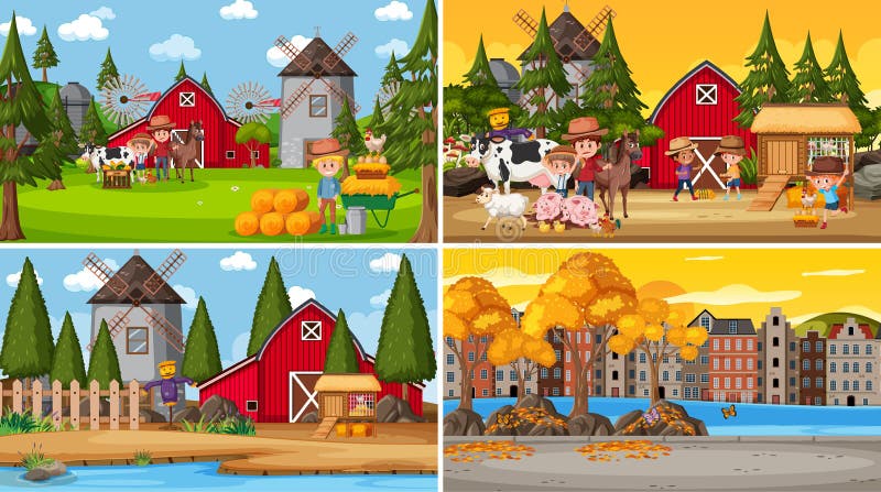 Four Different Scenes with Children Cartoon Character Stock Vector ...