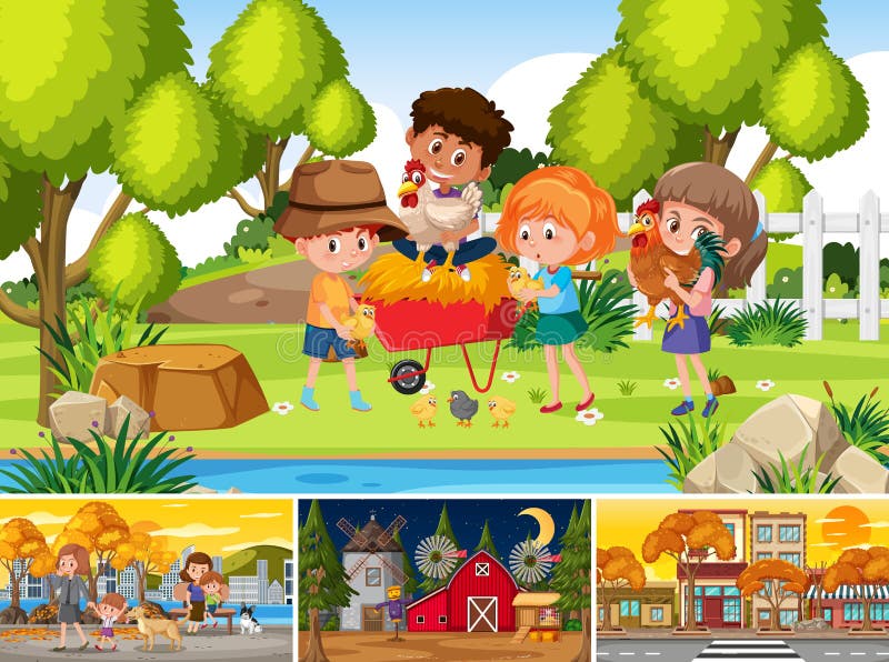 Four Different Scenes with Children Cartoon Character Stock Vector ...