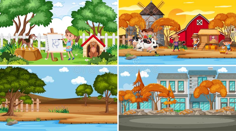 Four Different Scenes with Children Cartoon Character Stock Vector ...