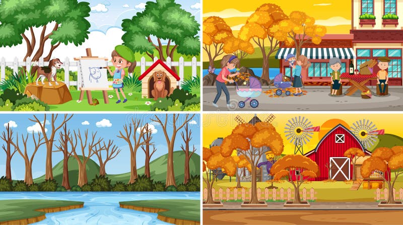 Four Different Scenes with Children Cartoon Character Stock Vector ...