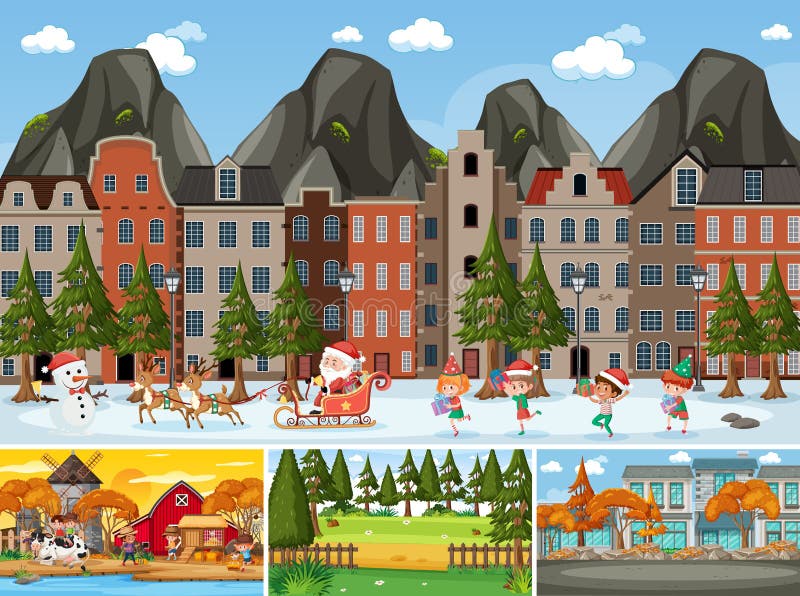 Four Different Scenes with Children Cartoon Character Stock Vector ...