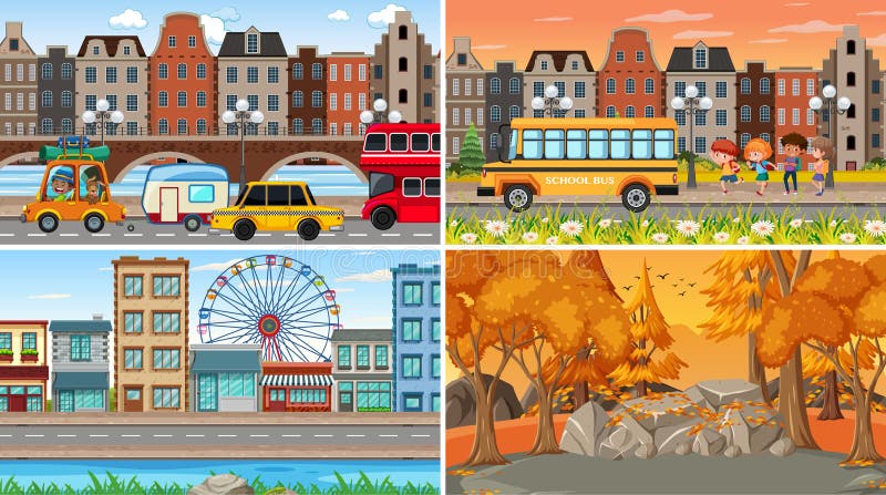 Four Different Scenes with Children Cartoon Character Stock Vector ...