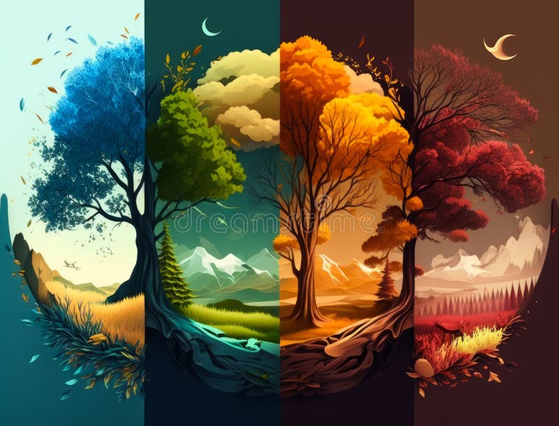 Four Different Seasons with Trees and Mountains. Generative AI Stock ...