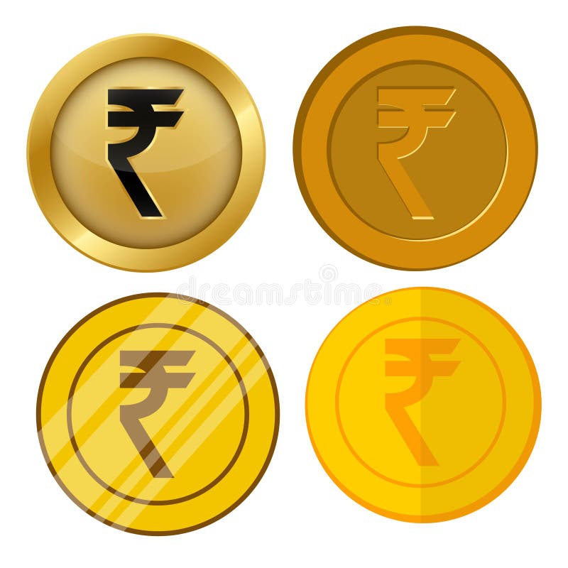 Four Different Style Gold Coin with Rupee Currency Symbol Vector Set ...