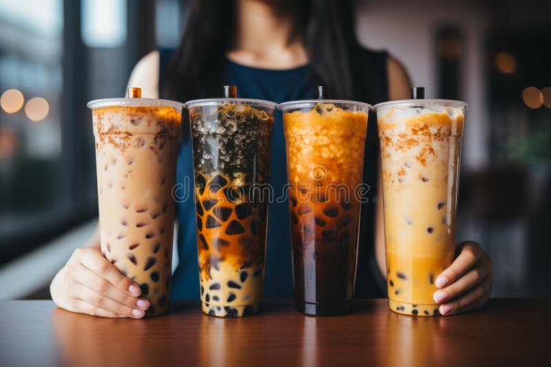 Four Different Types of Bubble Tea and Unrecognizable Woman Standing ...