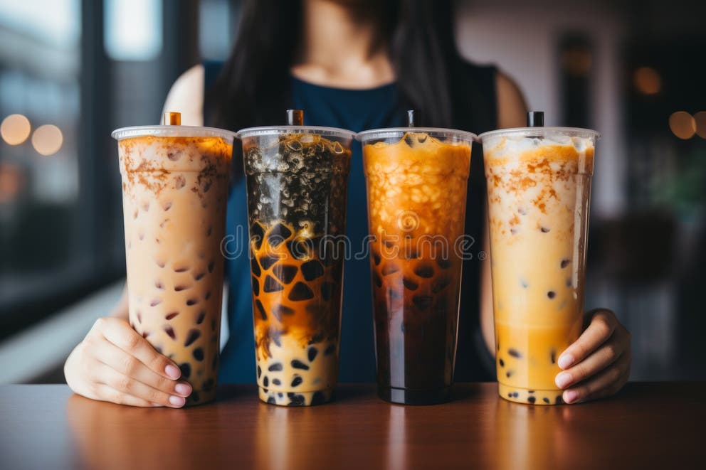 Four Different Types of Bubble Tea and Unrecognizable Woman Standing ...