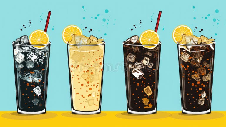 Four Different Types of Cola Drinks with Ice and Lemon. AI Stock ...