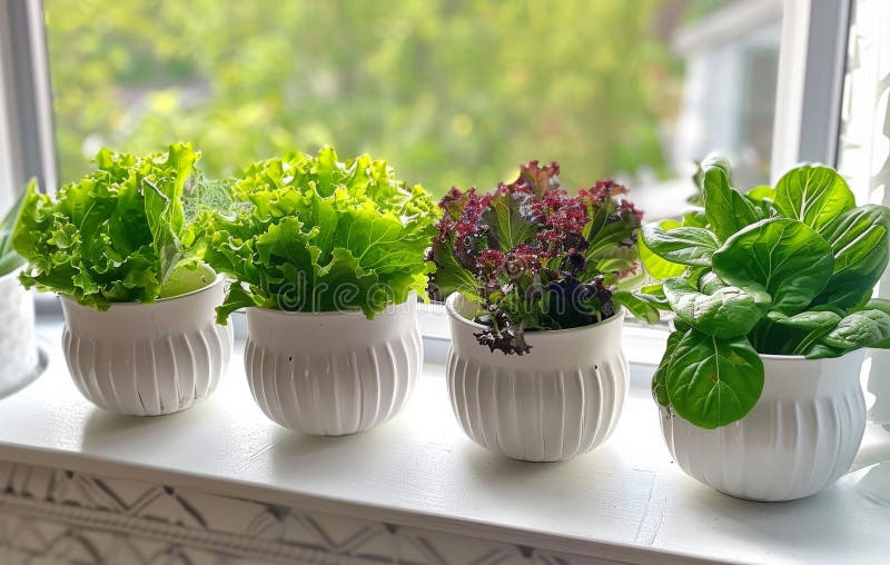 Four Different Types of Herbs Sit in White Pots on Windowsill. Stock ...