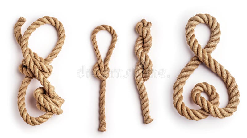 Four Different Types of Knots Made from Natural Rope on a White ...