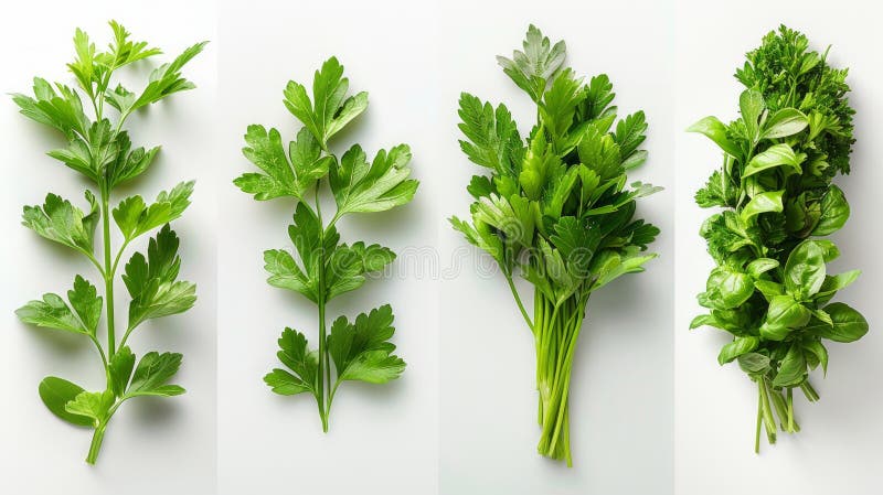 Four Different Types of Parsley on a White Surface Stock Photo - Image ...