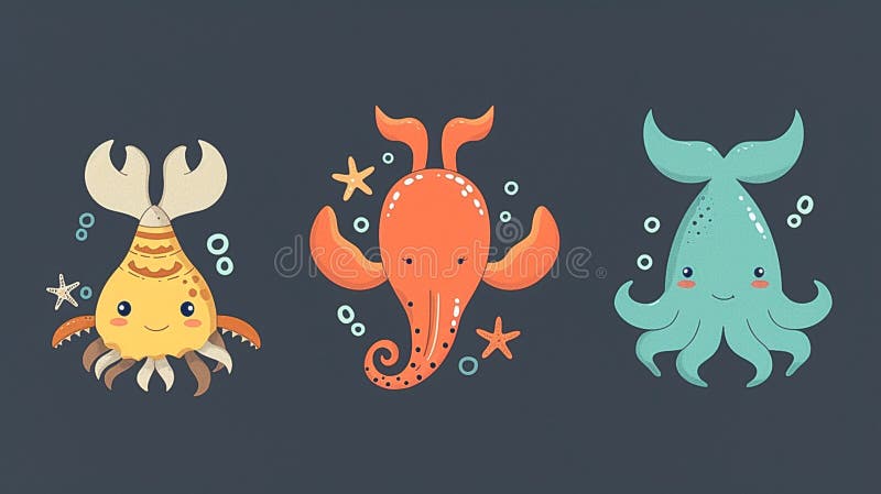 Four Different Types of Sea Animals on this Dark Background Stock ...
