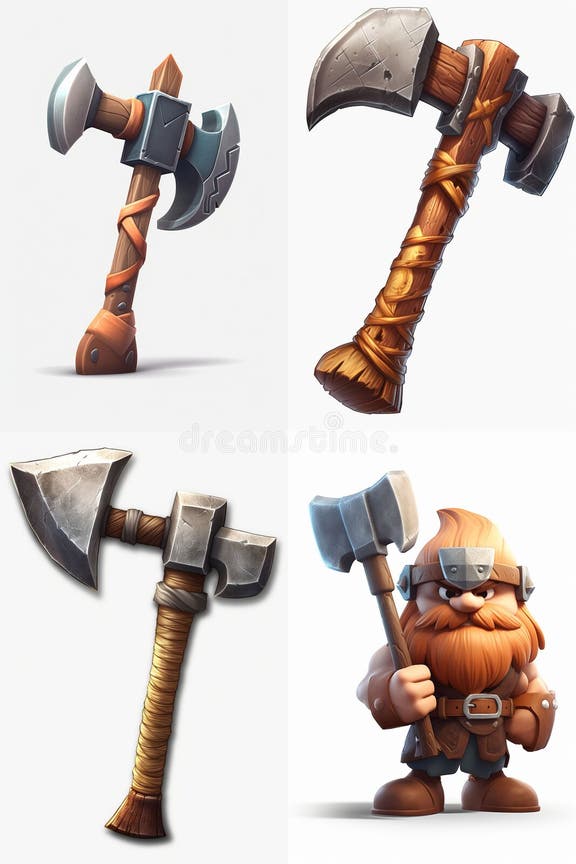 Four Different Types of Weapons are Shown, Including a Large Hammer ...