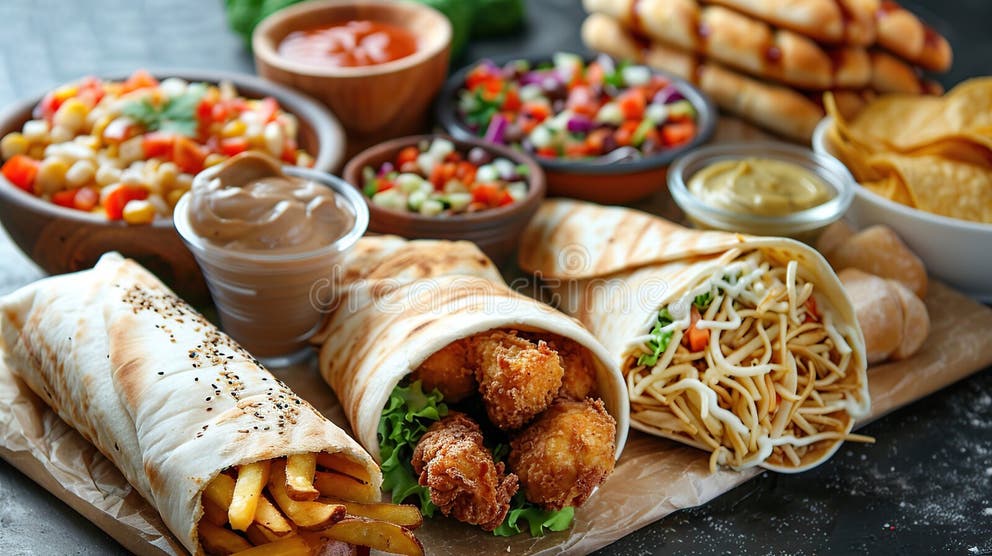 Four Different Types of Wraps with Various Sauces and Sides on a Rustic ...