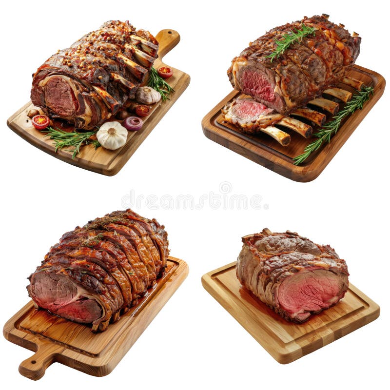 Four Different Views of Roasted Prime Rib on Wooden Cutting Boards ...