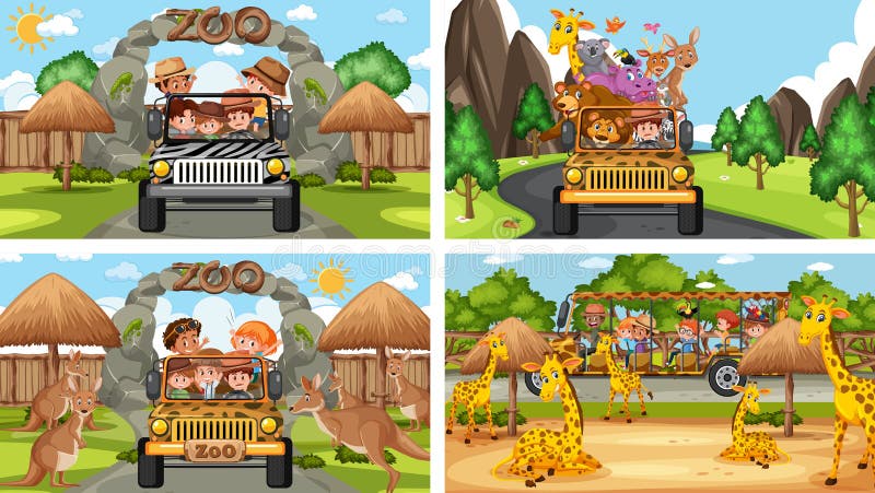 Four Different Zoo Scenes with Kids and Animals Stock Vector ...