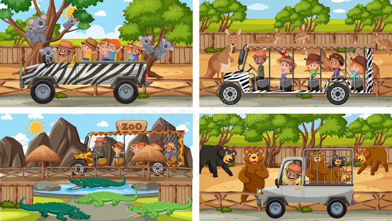 Four Different Zoo Scenes with Kids and Animals Stock Vector ...