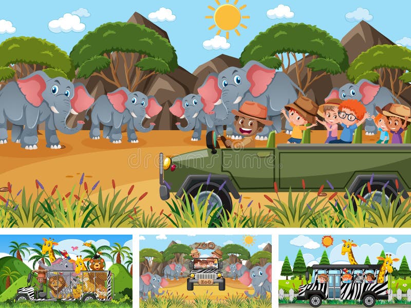 Four Different Zoo Scenes with Kids and Animals Stock Vector ...