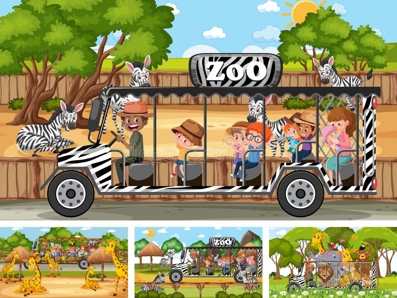 Four Different Zoo Scenes with Kids and Animals Stock Vector ...