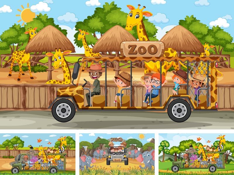 Four Different Zoo Scenes with Kids and Animals Stock Vector ...