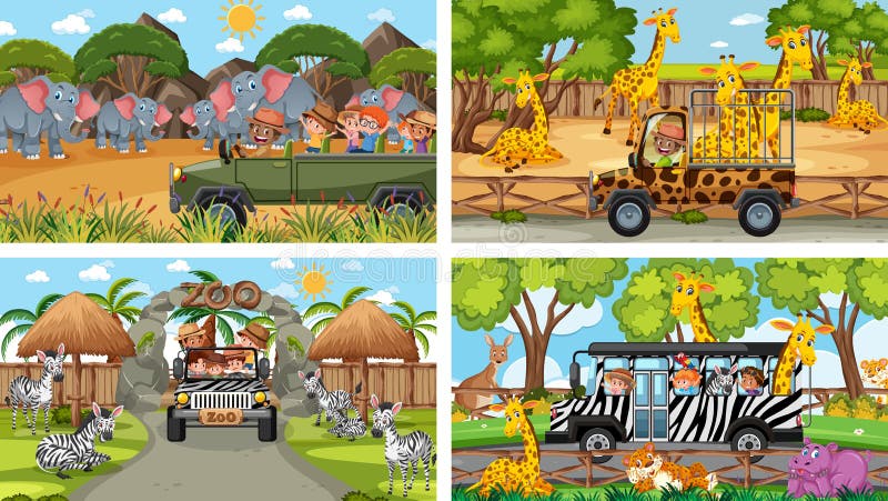 Four Different Zoo Scenes with Kids and Animals Stock Vector ...