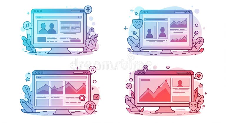 Four Digital Illustrations of Computer Monitors Display Various Web ...