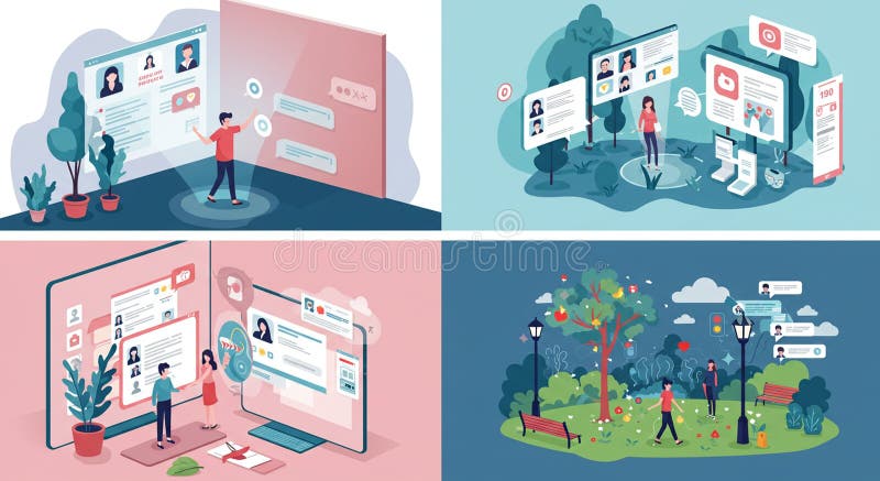 Four Digital Illustrations Depict People Interacting with Virtual ...