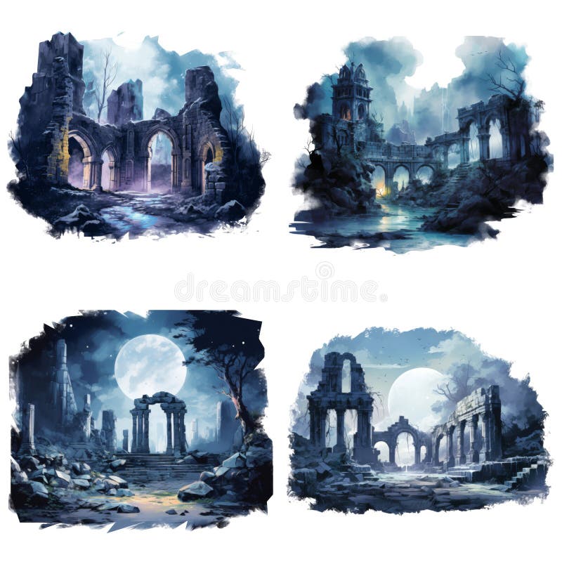 Four Digital Paintings of Crumbling Stone Ruins Under a Gloomy Sky ...