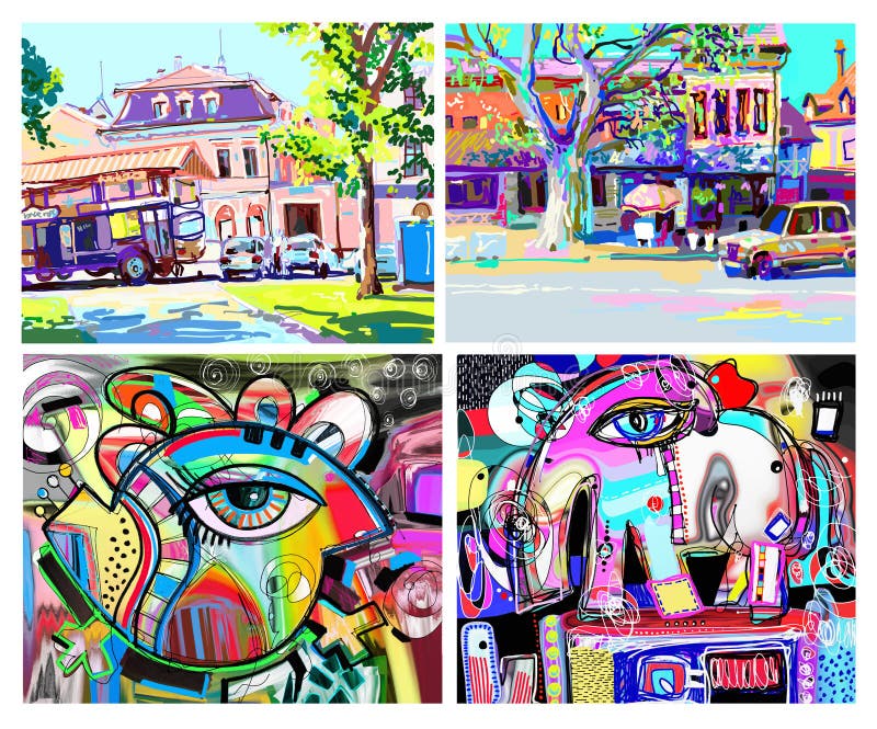Four Digital Paintings. Original Contemporary Artwork, Vector ...