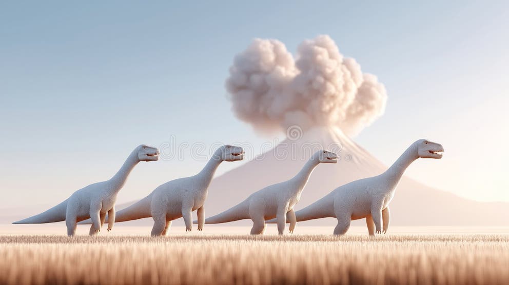 Four Dinosaurs Walking in Front of Active Volcano with Ash Cloud ...