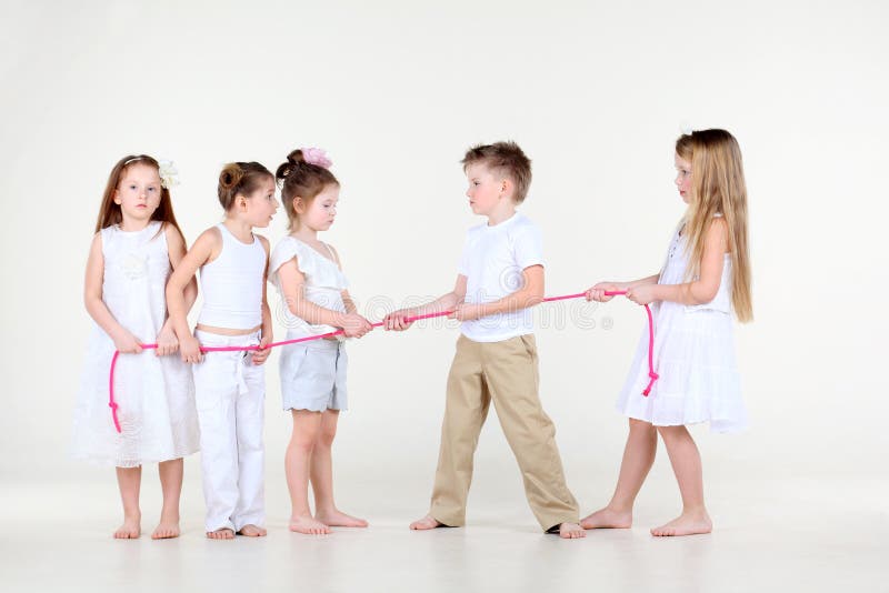 Four Little Boy and Girls in White Clothes Draw Over Rope Stock Photo ...