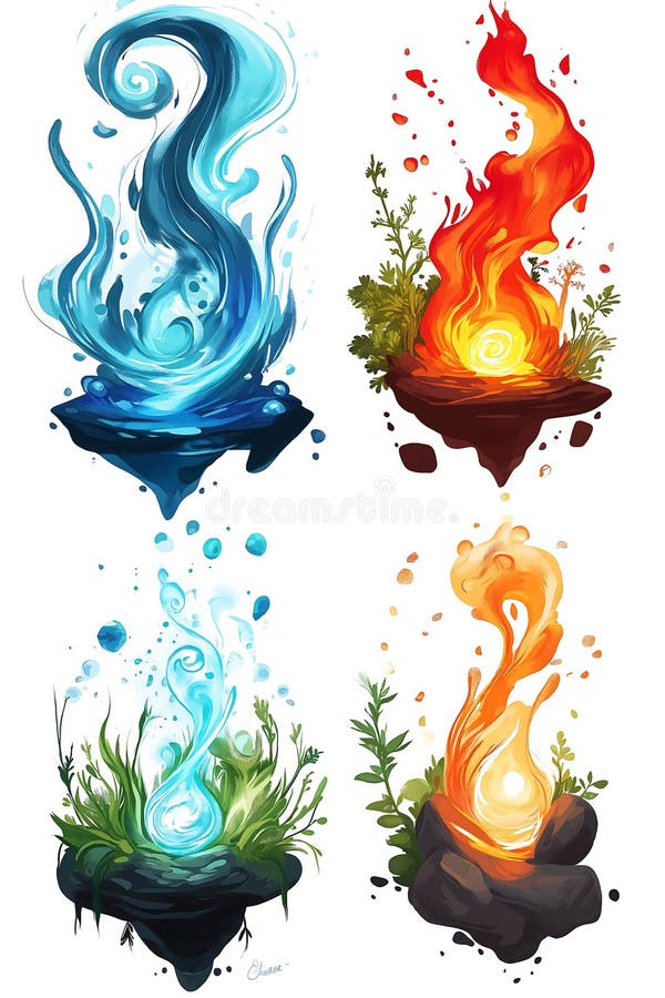 Artistic Representation of Elemental Spirits in Vibrant Colors and ...