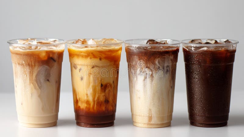 Four Distinct Iced Coffee Varieties in Clear Plastic Cups Against a ...