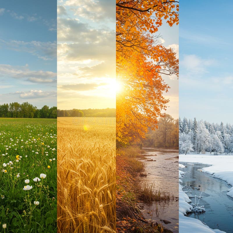 Four Distinct Scenes Represent the Seasons. the First Panel Shows a ...