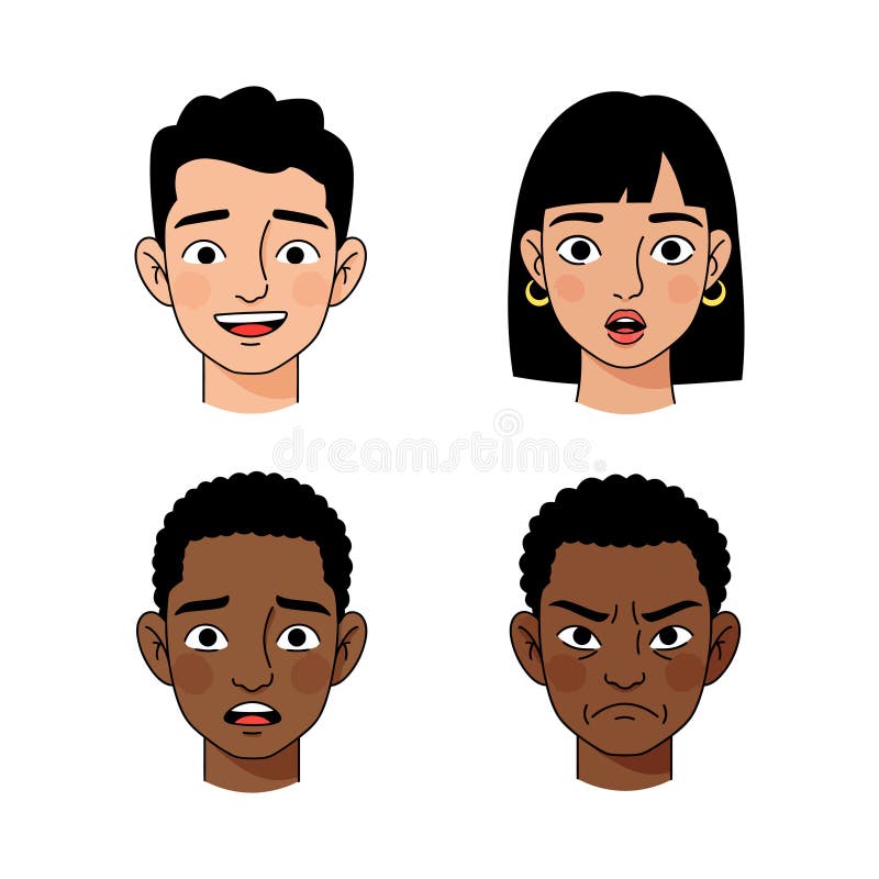 Four Diverse Cartoon Faces Showcasing Different Emotions in a Flat ...