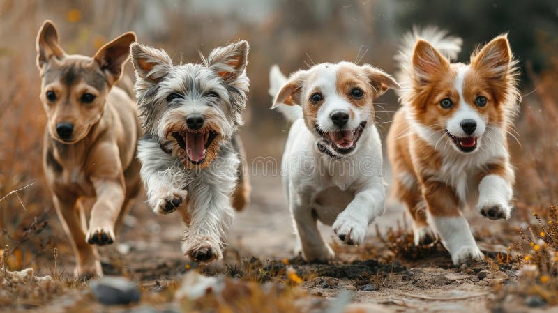 Four Diverse Dogs Joyously Run through an Autumn Field. Stock Image ...