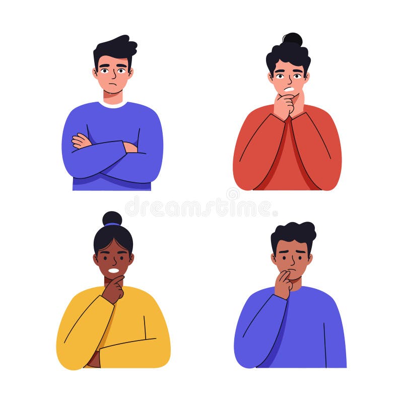 Four Diverse Individuals Expressing Different Emotions in Flat Vector ...