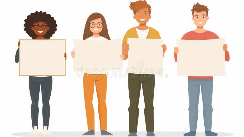 Four Diverse Young People Hold Blank Signs Stock Illustration ...