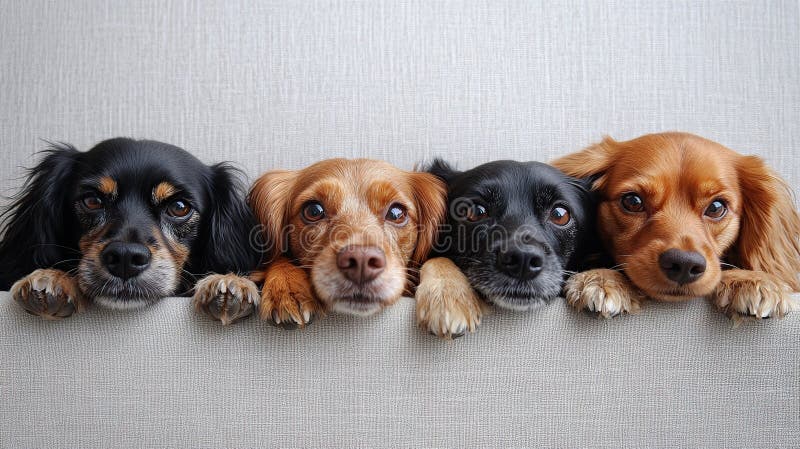 Four Dogs Peering Over Sofa, Home Interior, Pets, Friendship Stock ...