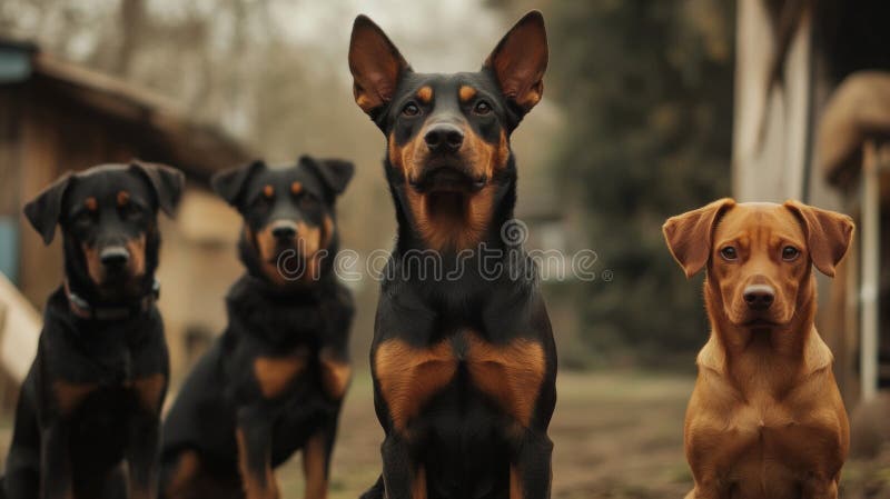 Four Dogs Sitting Outdoors, Portrait Photography Stock Illustration ...