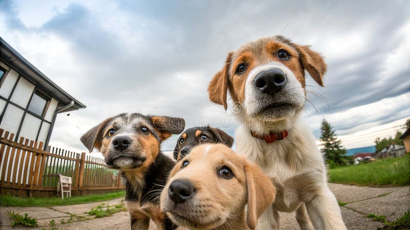 Four Dogs are Standing in a Yard Stock Photo - Image of outdoors ...