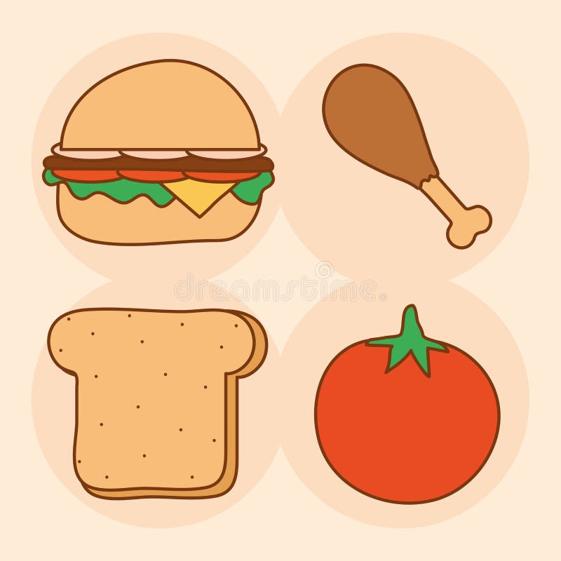 Four doodle food items stock vector. Illustration of bread - 221071556