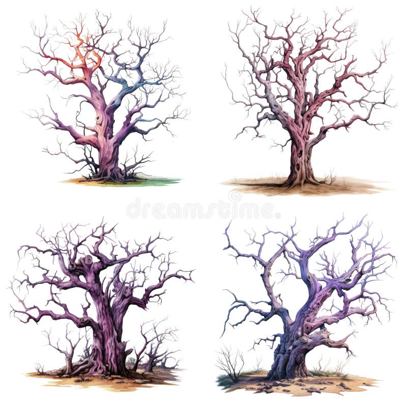 Four Drawings of Dead Trees with Colorful Bark Stock Illustration ...