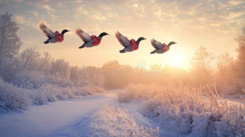 Four Ducks Wearing Red Hats Flying in a Snowy Landscape at Sunset Stock ...