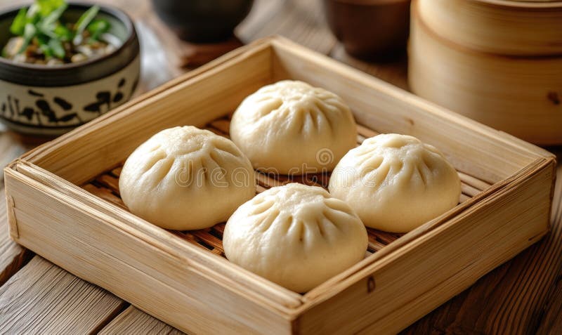 Four Dumplings are Sitting in a Wooden Box on a Wooden Table Stock ...