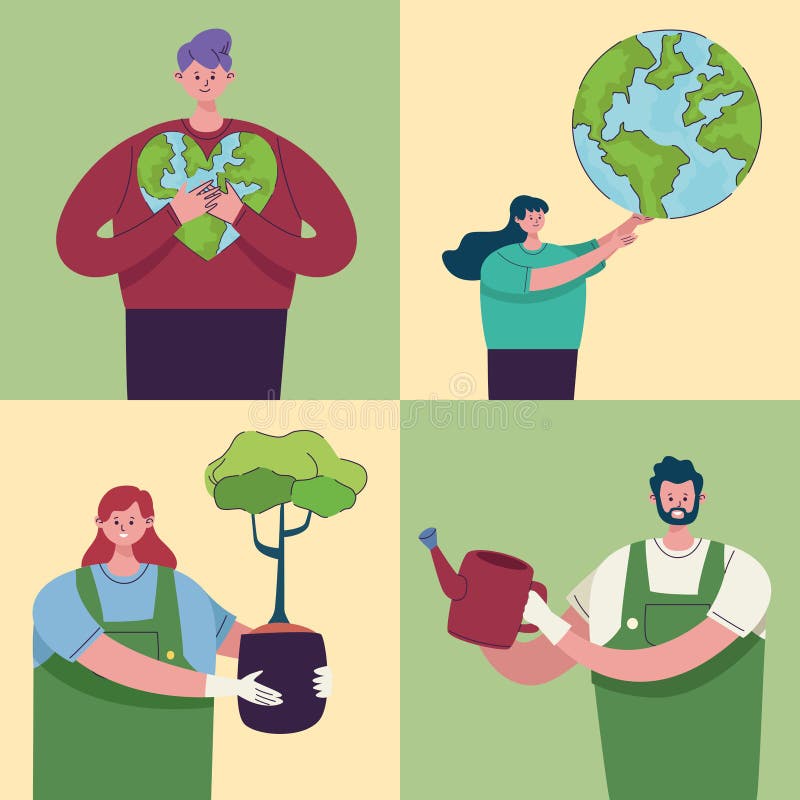 Four ecologists characters stock vector. Illustration of sprinkler ...