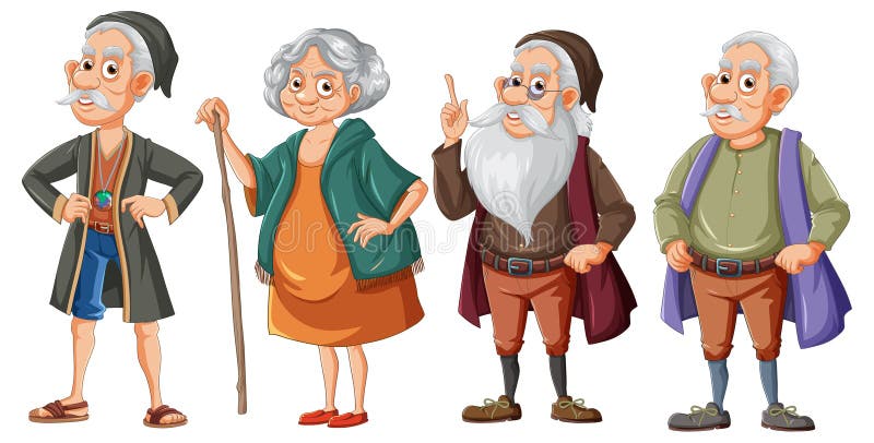 Four Elderly Characters Standing Together Stock Vector - Illustration ...