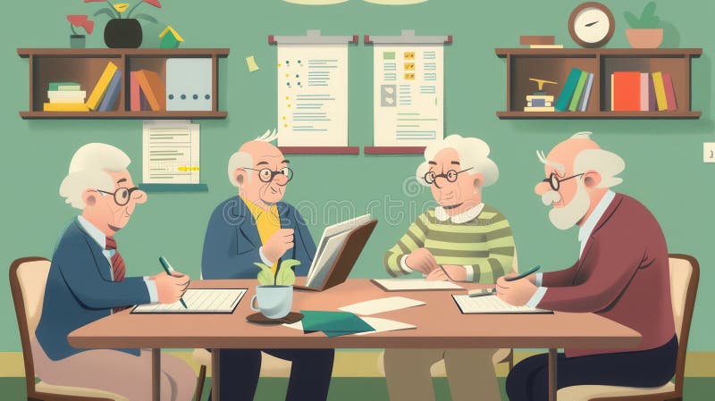 Four Elderly People Actively Discuss while Seated Around a Table in a ...