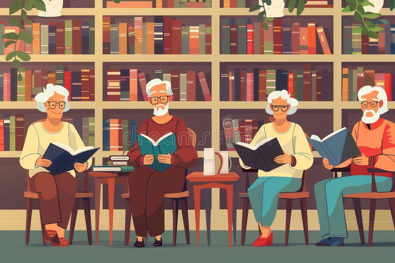 Four Elderly People are Studying Foreign Languages with Textbooks and ...