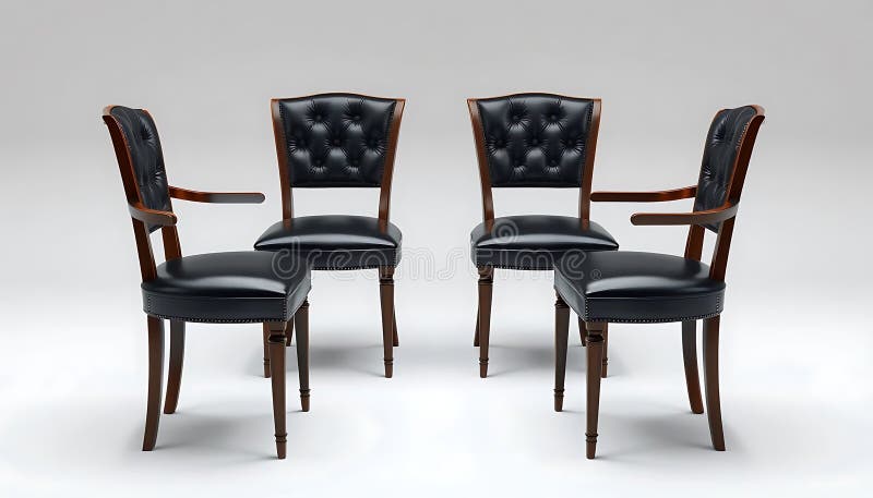 Four Elegant Black Leather Button Tufted Dining Chairs Stock ...