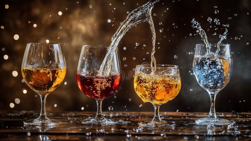 Refreshing Drinks Splashing in Elegant Glasses, Showcasing Vibrant ...